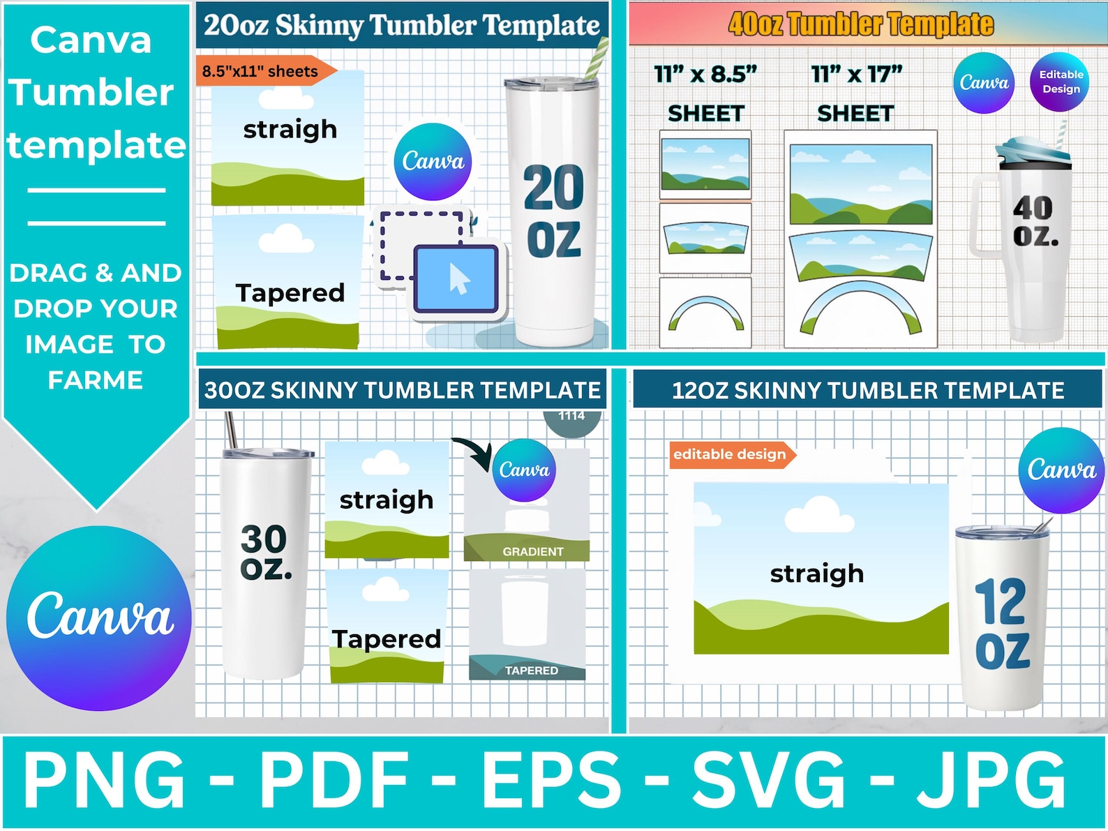 Tumbler Template Bundle, Tumbler Canva Editable Template, 20oz Tumbler ...