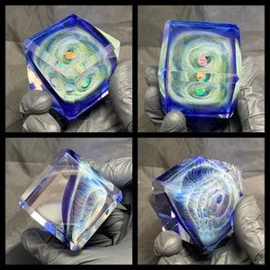 1.8 Double Sided Faceted Glass Cube Silver and Gold Fumed Vortex With ...