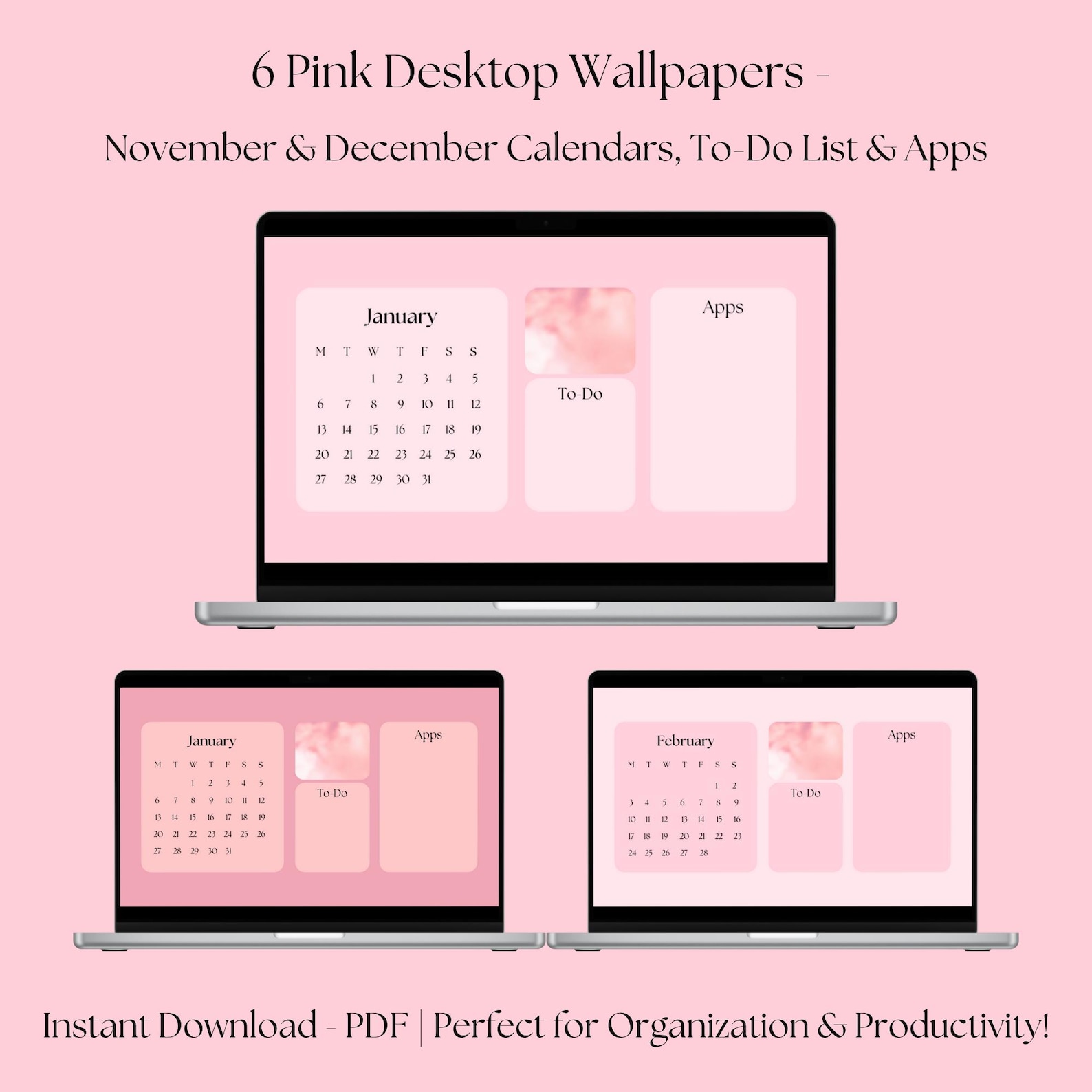 Pink Desktop Wallpaper Set - 2025 January & February Calendars, To-do ...