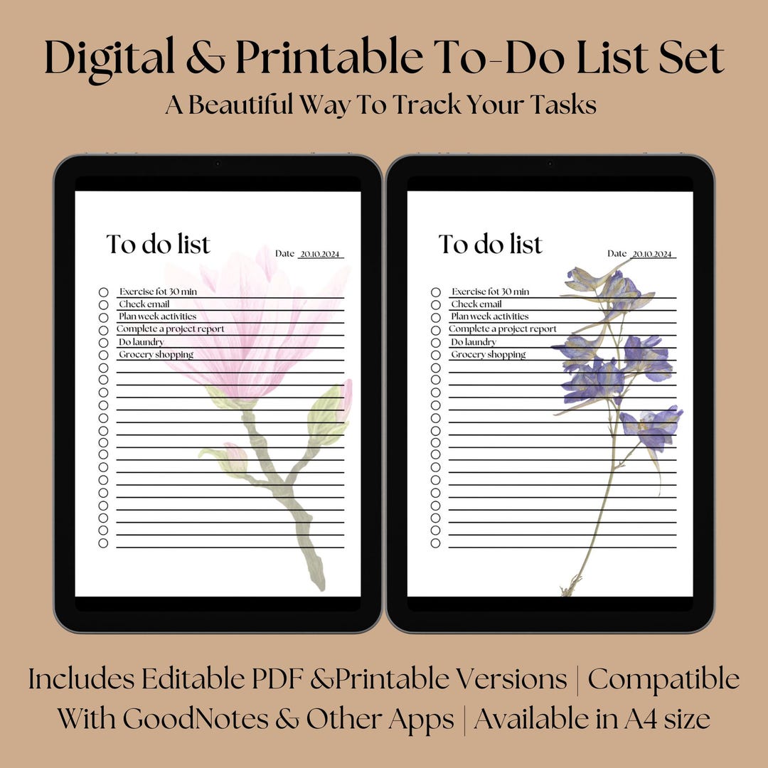 Floral Digital & Printable To-do List Set Editable PDF for Goodnotes ...