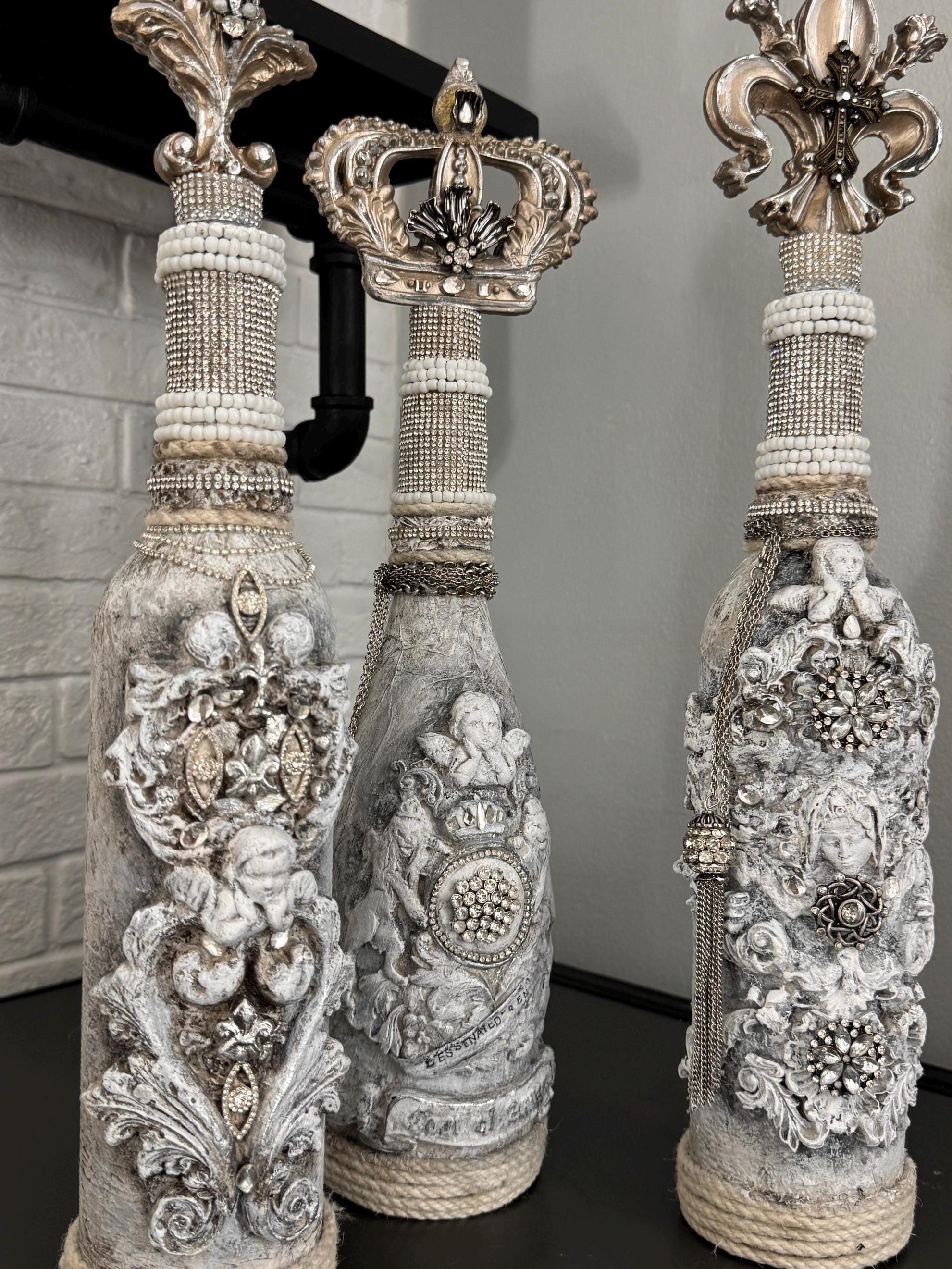 Decorated Bottles , Decorative Bottle tuscan Decor, Set of 3 ...