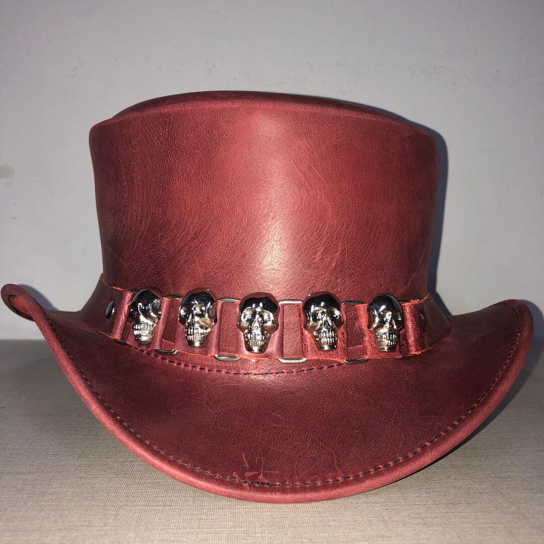 Handmade Red Leather Hat With Silver Skull Details Bold Unique Edgy ...