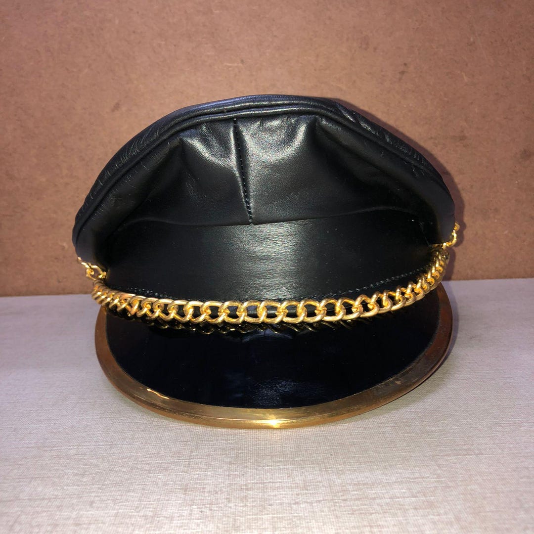 Finest Soft Real Leather Muir Cap With Chain, Peaked Biker Cap, Officer ...