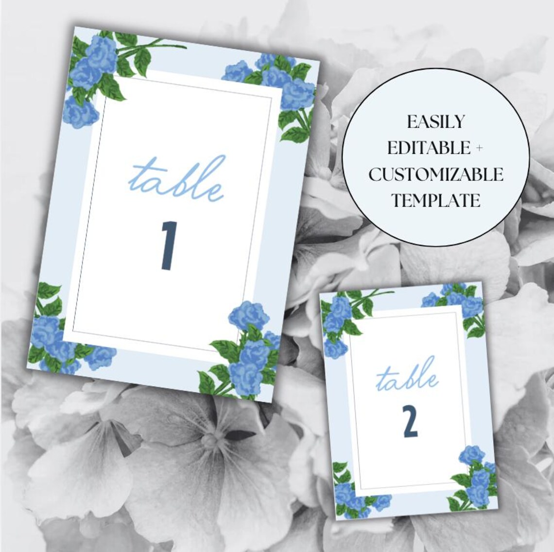 Blue Hydrangea Table Number Template - EDITABLE - Etsy