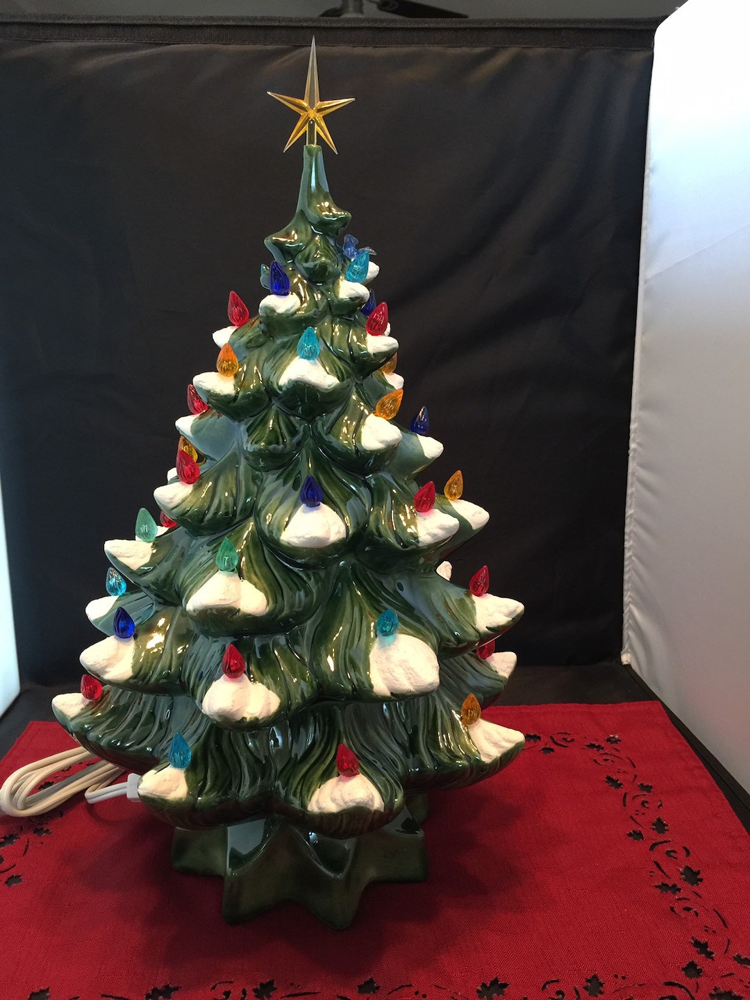 Christmas Tree 14” Ceramic Tree Forest Green Snow Effect Vintage Style ...