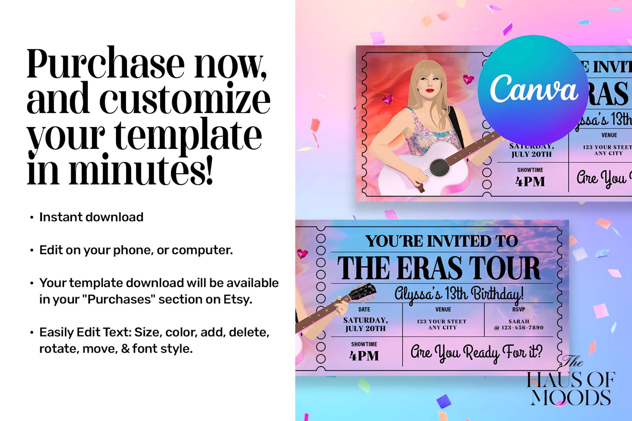 Eras Birthday Party, Printable Taylor Birthday Invite Music Birthday ...