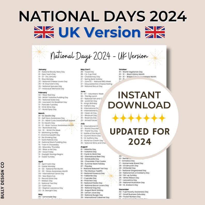 UK 2024 Holidays National Day Calendar UK Social Media Ideas Fun Theme ...