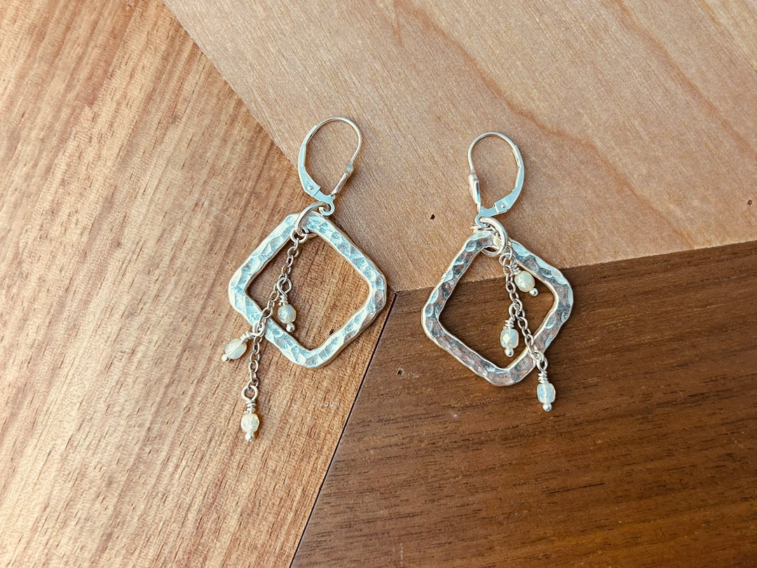 Large Sterling Textured Square With Dancing Dangle Earrings/gift for ...