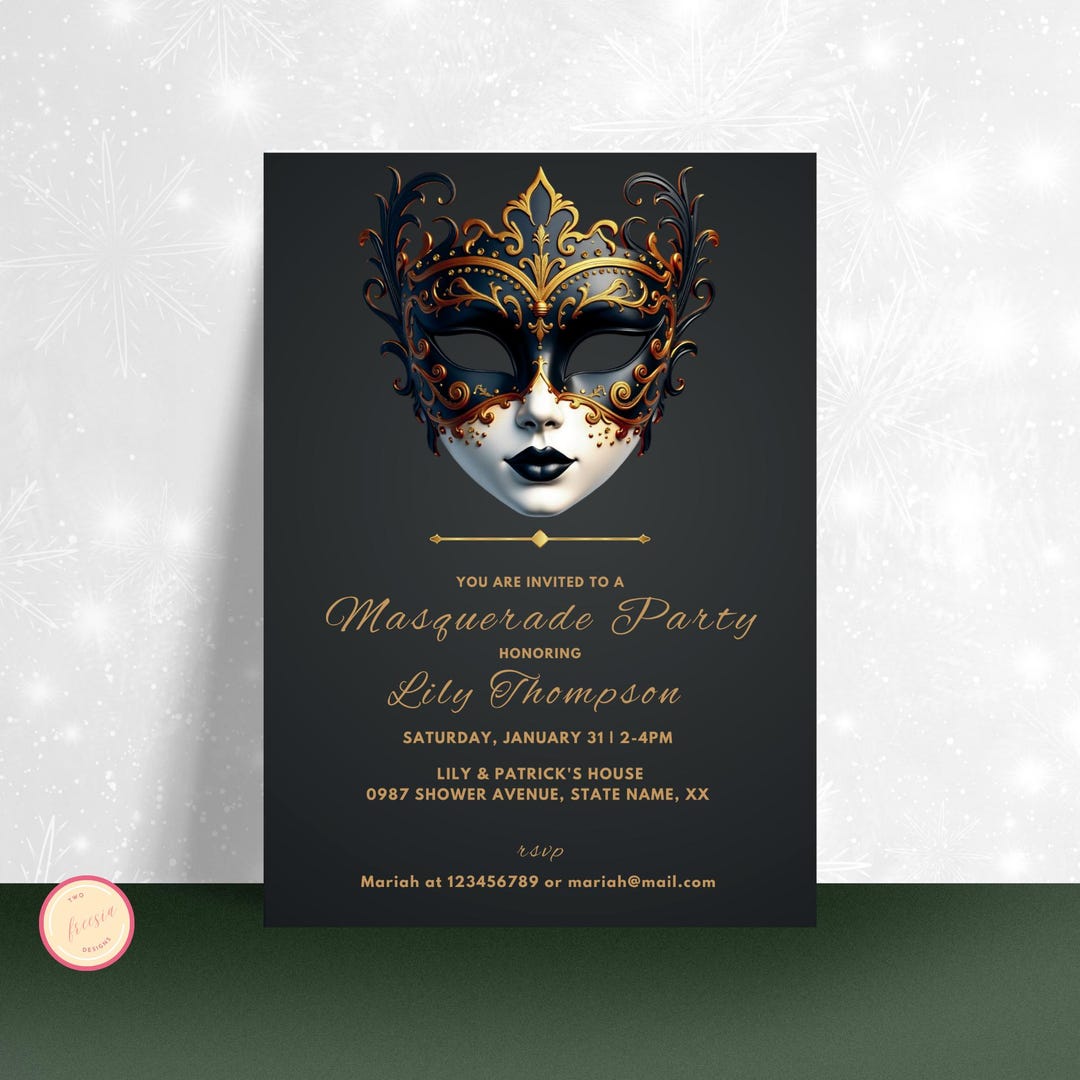 Masquerade Party Invitation Template, Gold Masquerade, Gold and Black ...