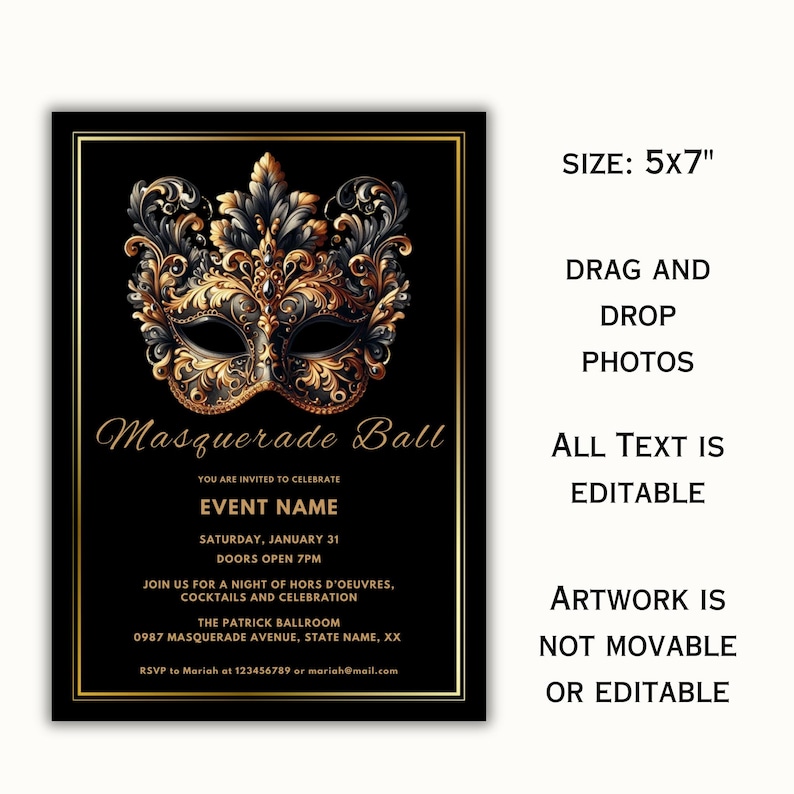 Black and Gold Masquerade Party Invitation Template, Gold Masquerade ...