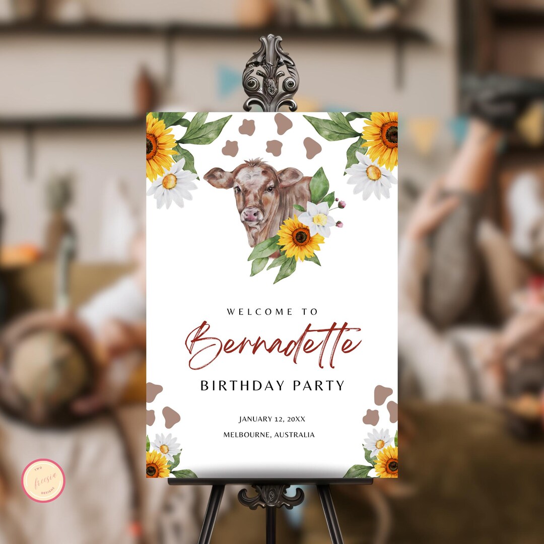 Holy Cow Birthday Welcome Poster, Sunflower Cow First Birthday Party ...