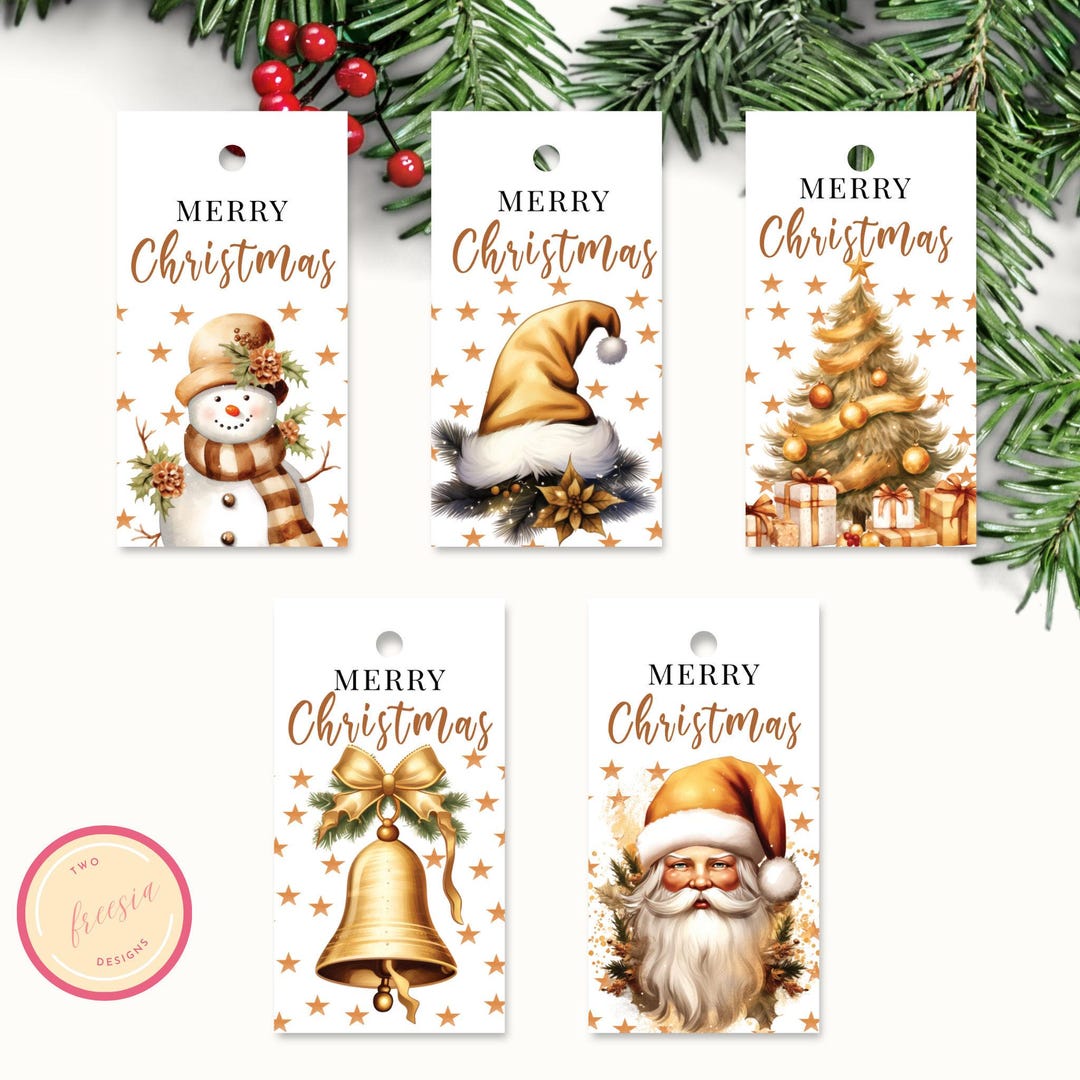 Printable Christmas Gift Tag Set of 5 Bundle - Christmas Gold Floral ...
