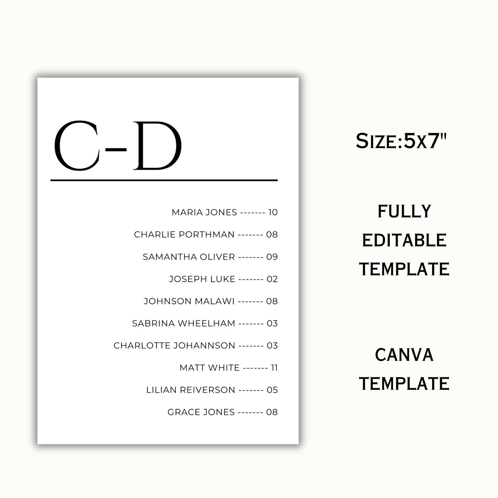 5x7 Alphabetical Seating Chart Template, Printable Seating Plan ...