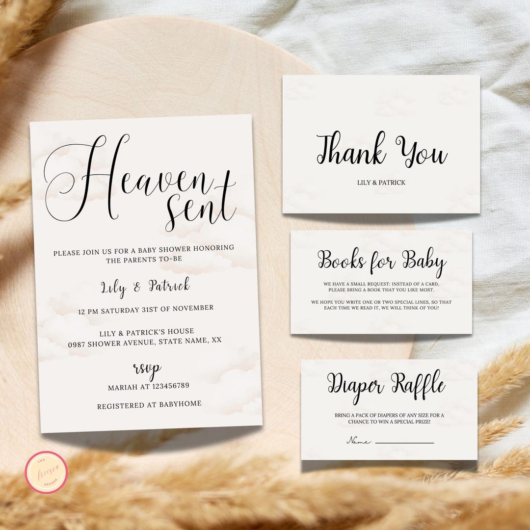 Heaven Sent Baby Shower Invitation Bundle - A Little Piece of Heaven ...