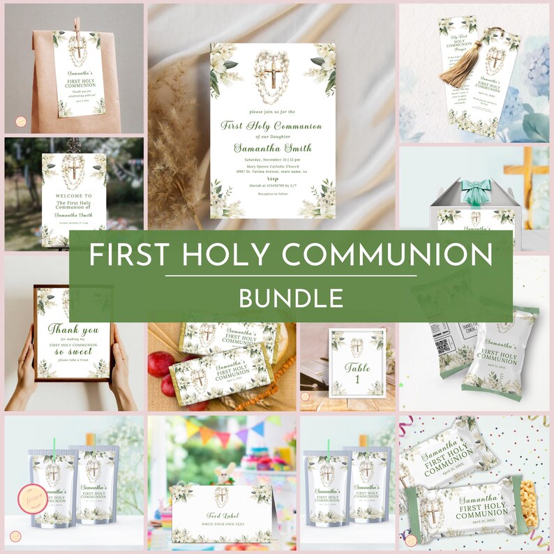 First Holy Communion Bundle Template Printable, Green and Gold, Boy ...