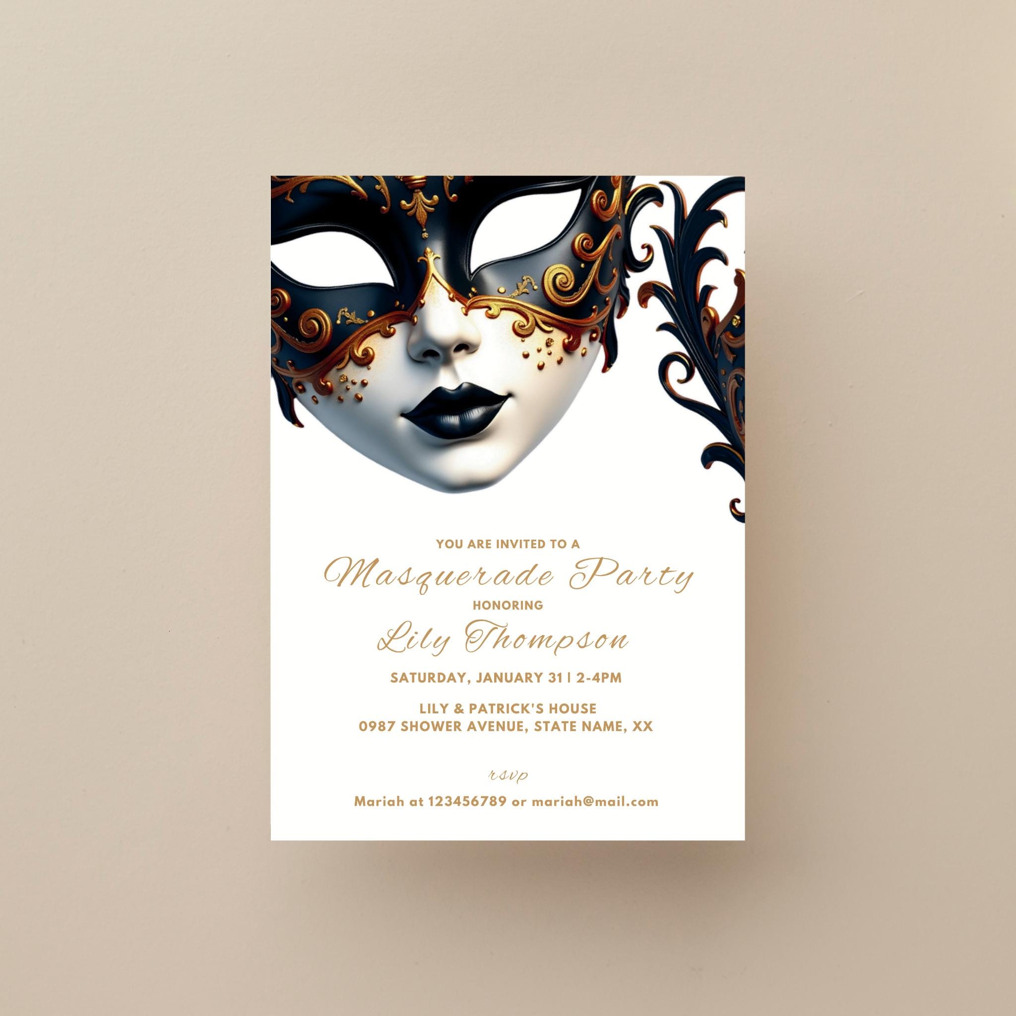 Masquerade Party Invitation Template, Gold Masquerade, Gold and White ...