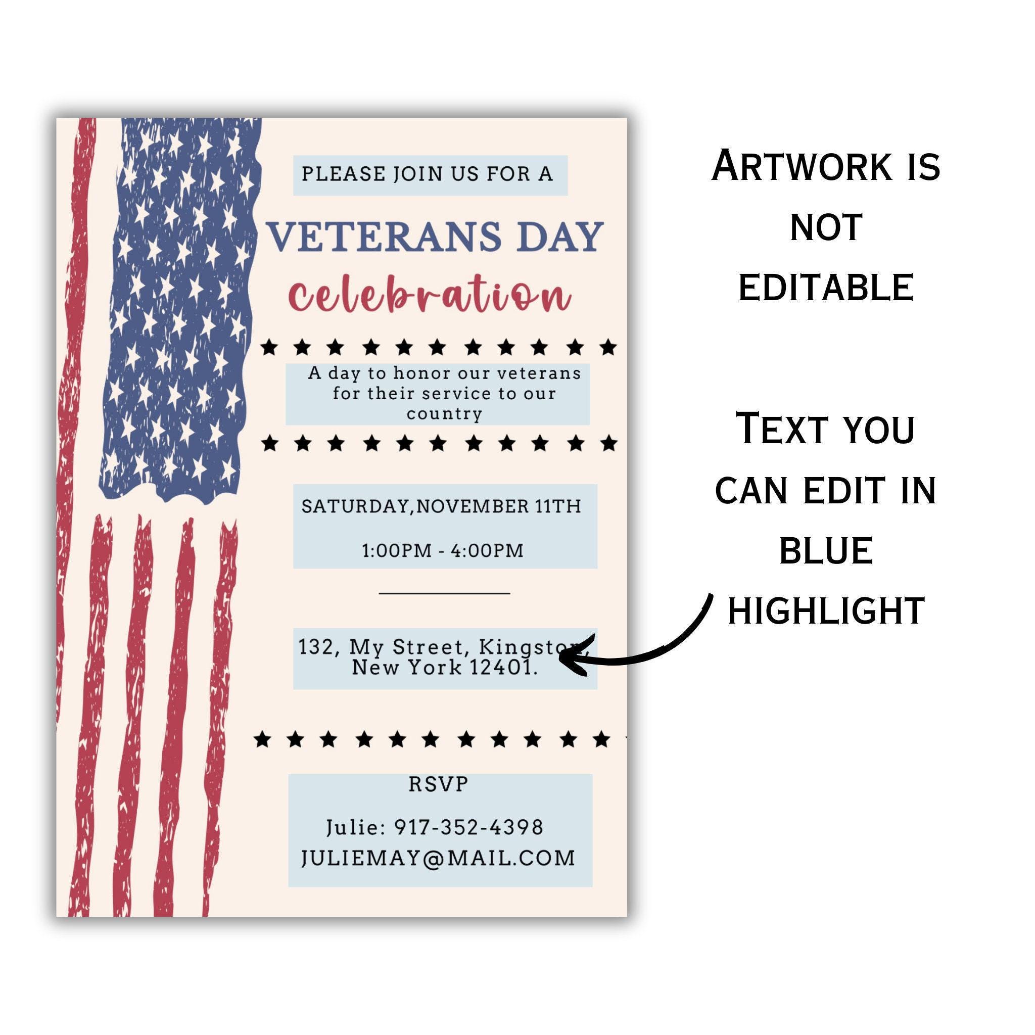 Editable Veterans Day Invitation Template - Dinner Party Invite/card ...