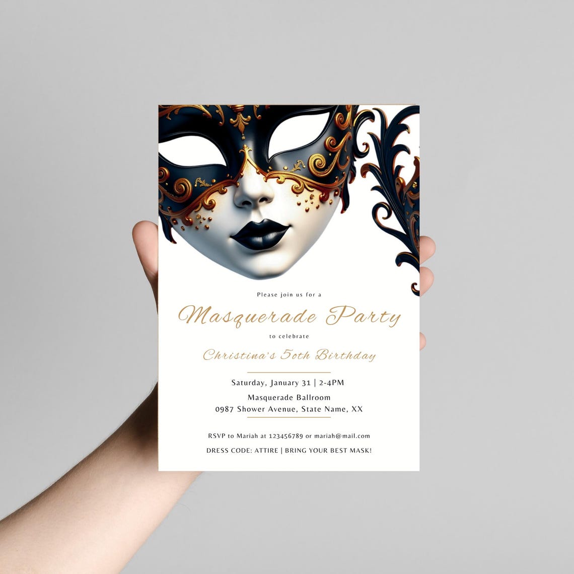 Masquerade Party Invitation Template, Gold Masquerade, Gold and White ...