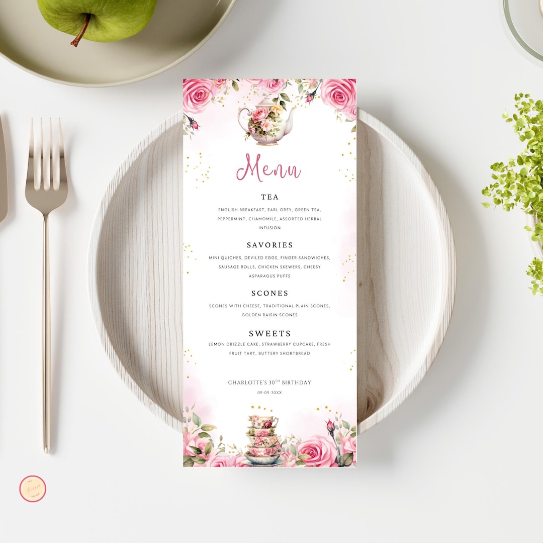 Editable Tea Party Birthday Menu Template, Pink Floral Menu Template ...