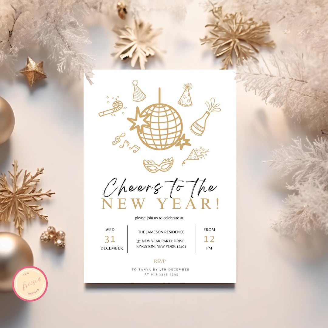 Gold Minimalist New Year's Eve Party Invitation Template, Cheers to the ...