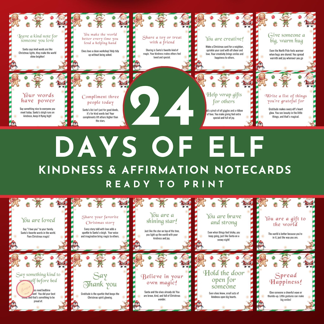 24 Days of Elf Kindness Notes, Christmas Affirmations (instant Download ...