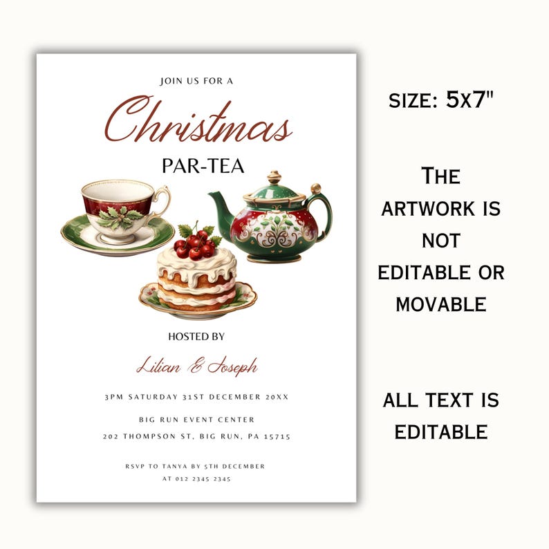 Editable Christmas Tea Party Invitation Template Holiday Tea Party ...