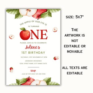 Editable Apple First Birthday Invitation Template - Printable Apple ...