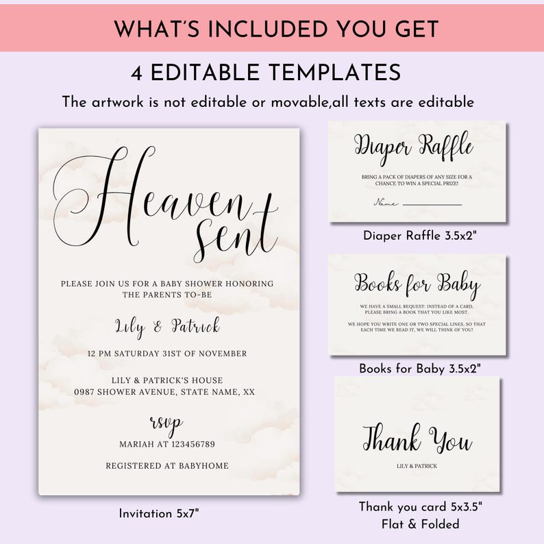 Heaven Sent Baby Shower Invitation Bundle - A Little Piece of Heaven ...