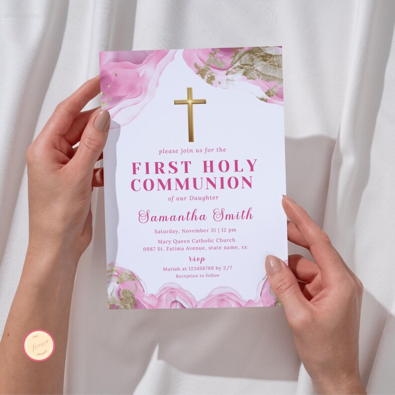 First Holy Communion Invitation Template Printable, Pink and Gold, Pink ...