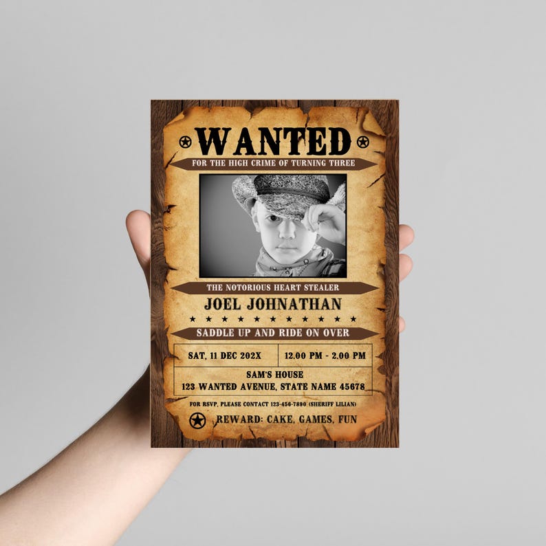 Editable Wanted Poster Invitation Template With Photo, Cowboy Cowgirl ...