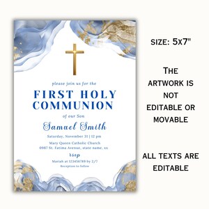 First Holy Communion Invitation Template Printable, Blue and Gold, Pink ...