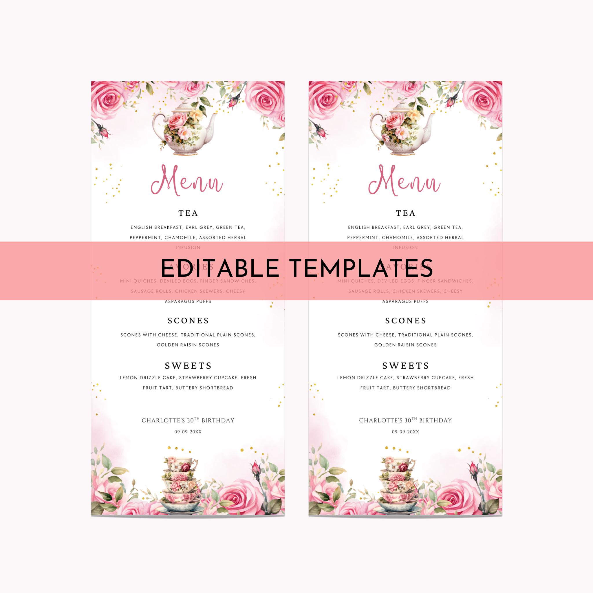 Editable Tea Party Birthday Menu Template, Pink Floral Menu Template ...
