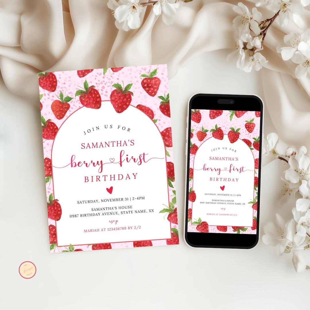 Editable Berry First Birthday Invitation, Strawberry 1st Birthday ...