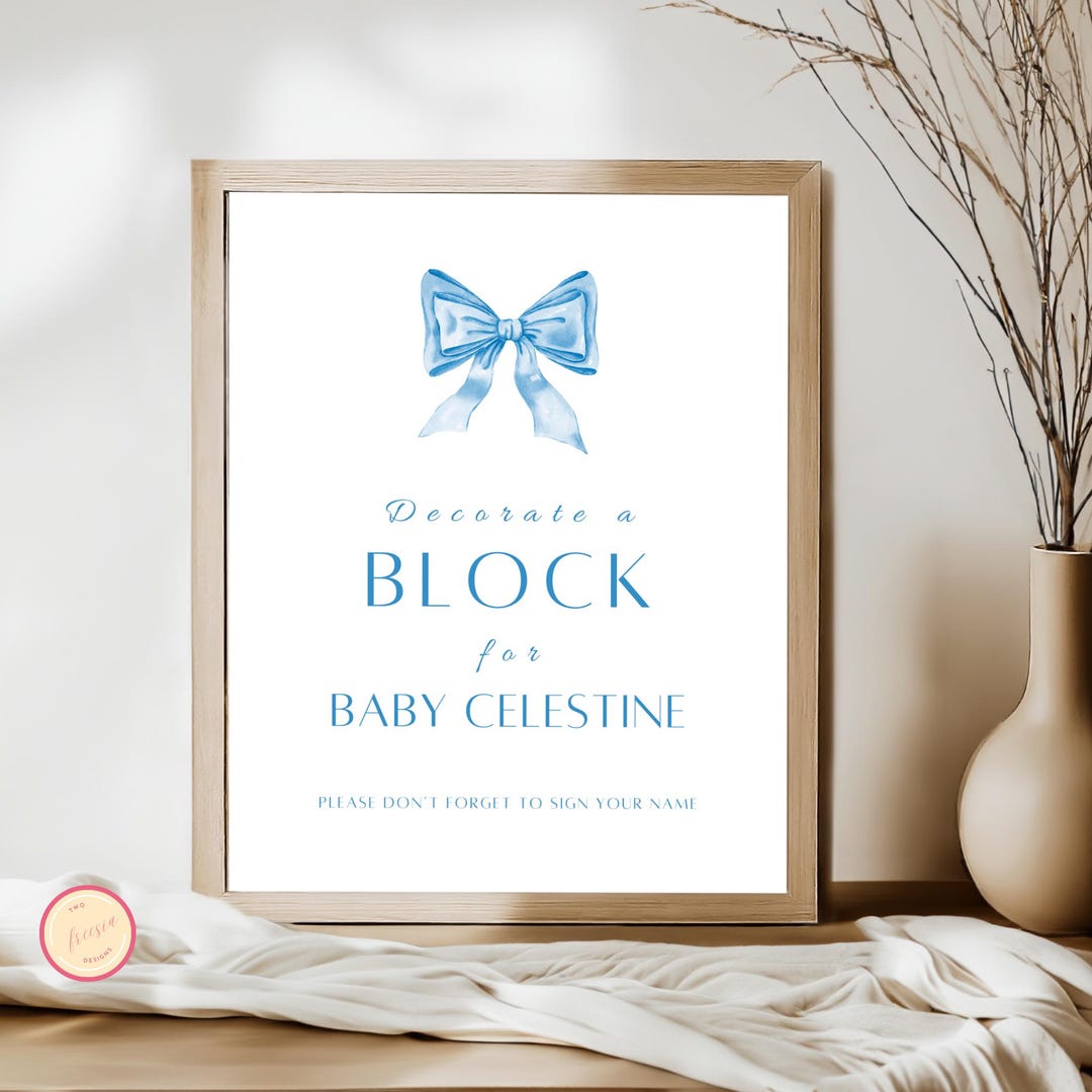 Decorate a Block Sign, Blue Bow, Minimalist Baby Shower Party Sign ...