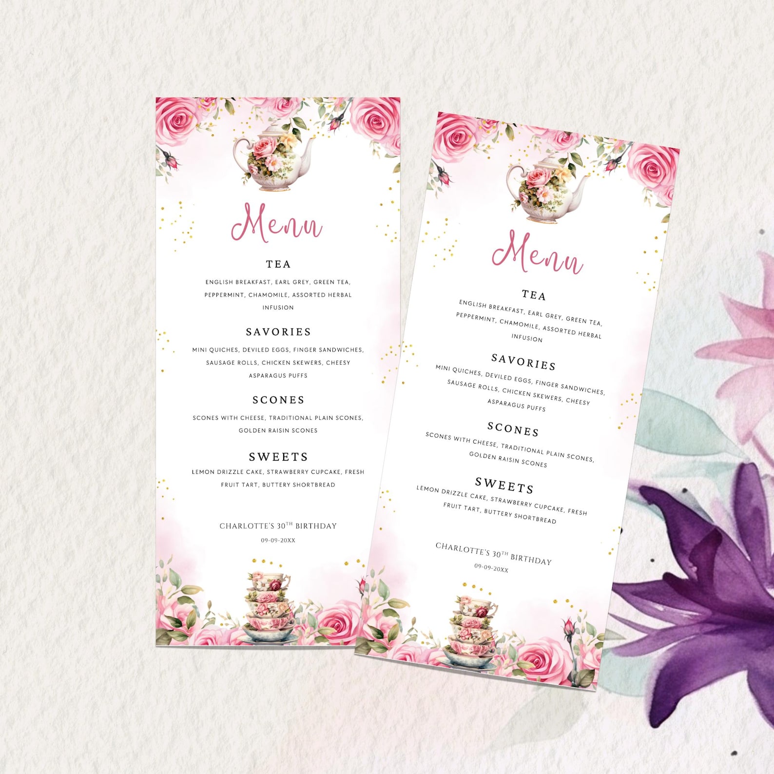 Editable Tea Party Birthday Menu Template, Pink Floral Menu Template ...