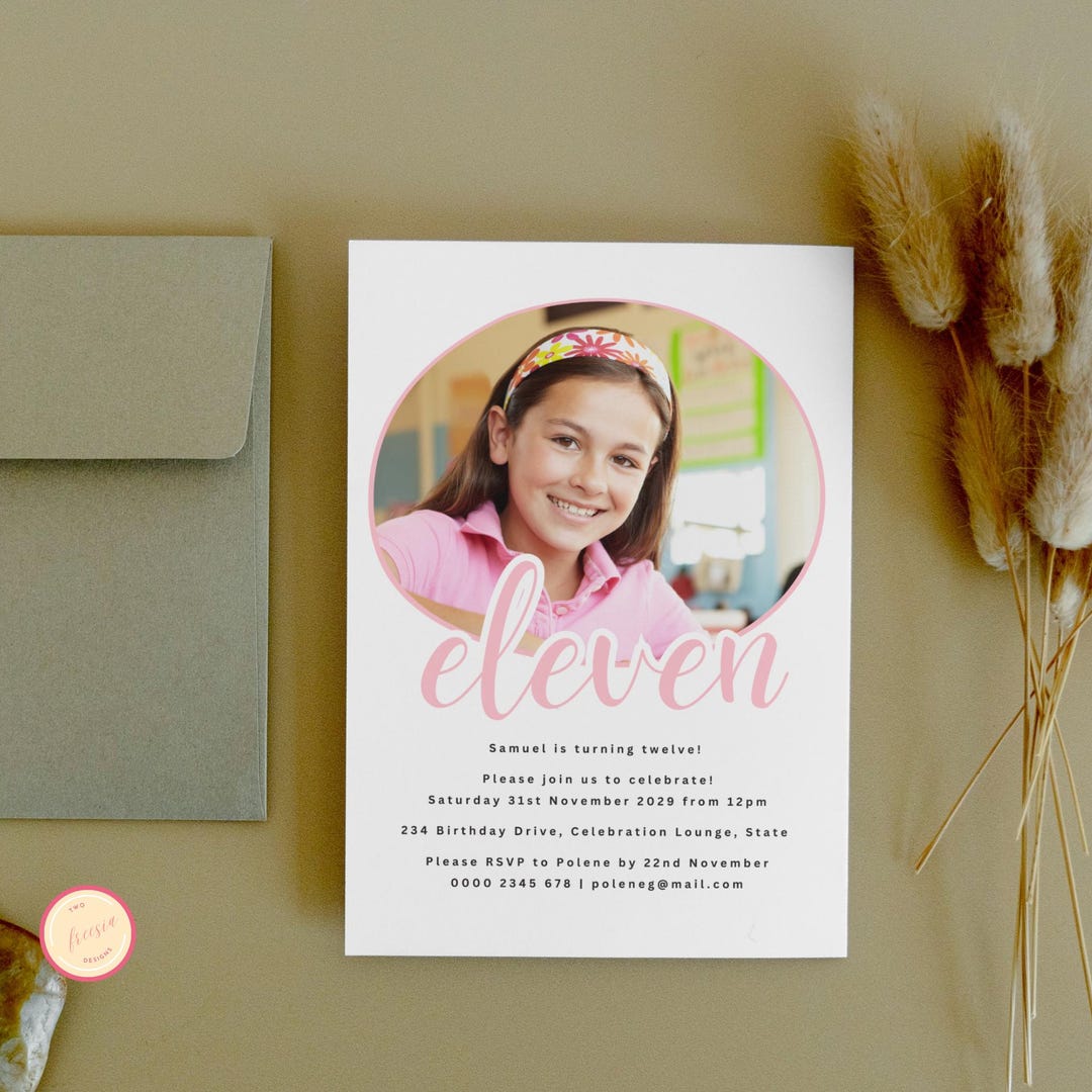 11th Birthday Photo Invitation Template, Pink Eleventh Birthday Invite ...