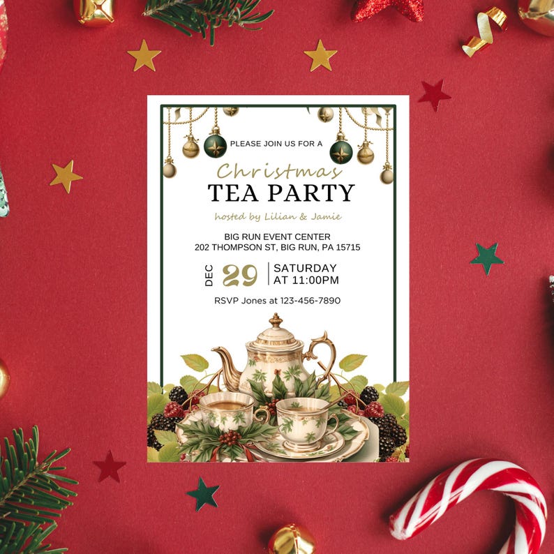 Editable Christmas Tea Party Invitation Template - Printable Holiday ...