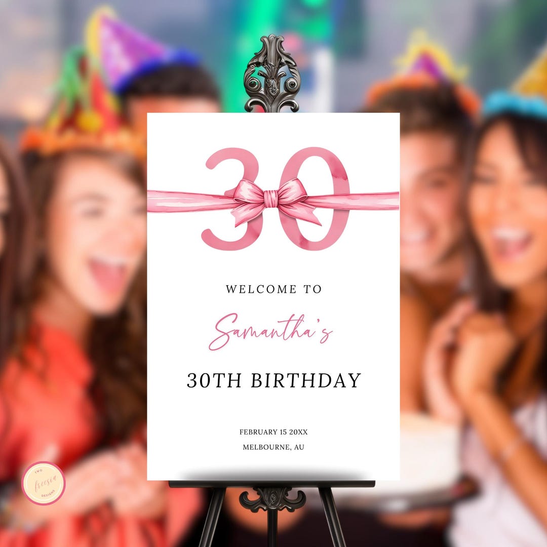 Editable 30th Birthday Welcome Sign - Pink Bow Birthday Welcome Poster ...