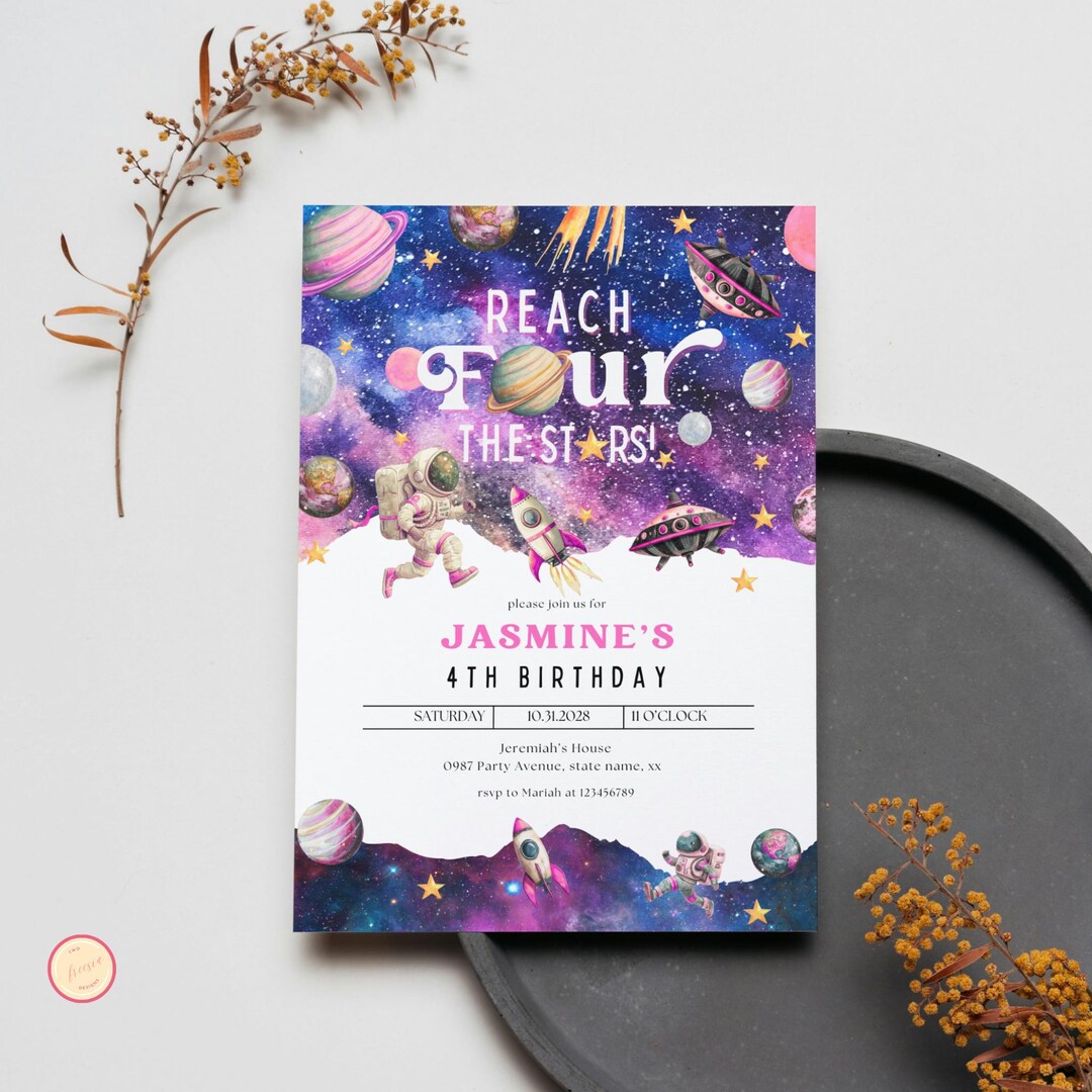 Reach for the Stars Birthday Party Invitation, Editable Pink Outer ...