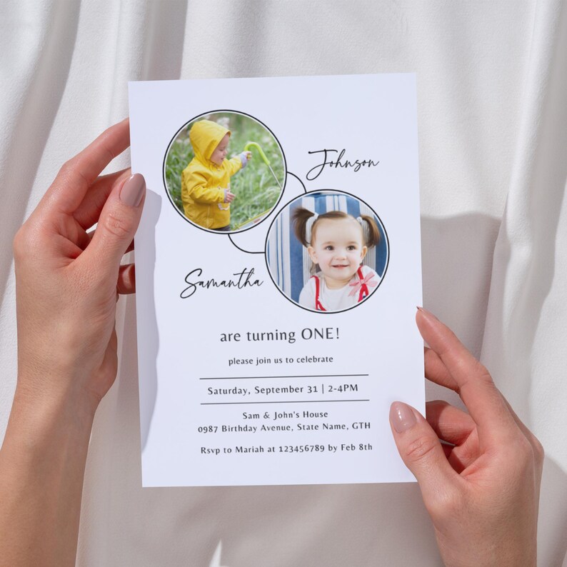 Twin First Birthday Invitation Template, Printable Minimalist Invite ...