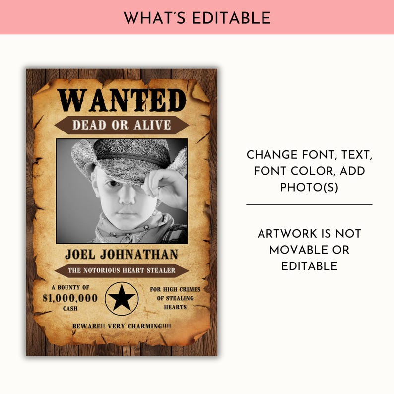 Editable Wanted Poster Template, Wanted Poster Welcome Party Sign, Wild ...
