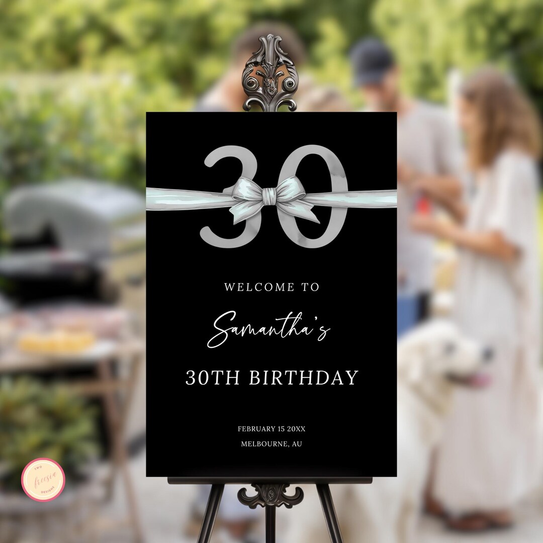 Editable 30th Birthday Welcome Sign - Silver Bow Birthday Welcome ...