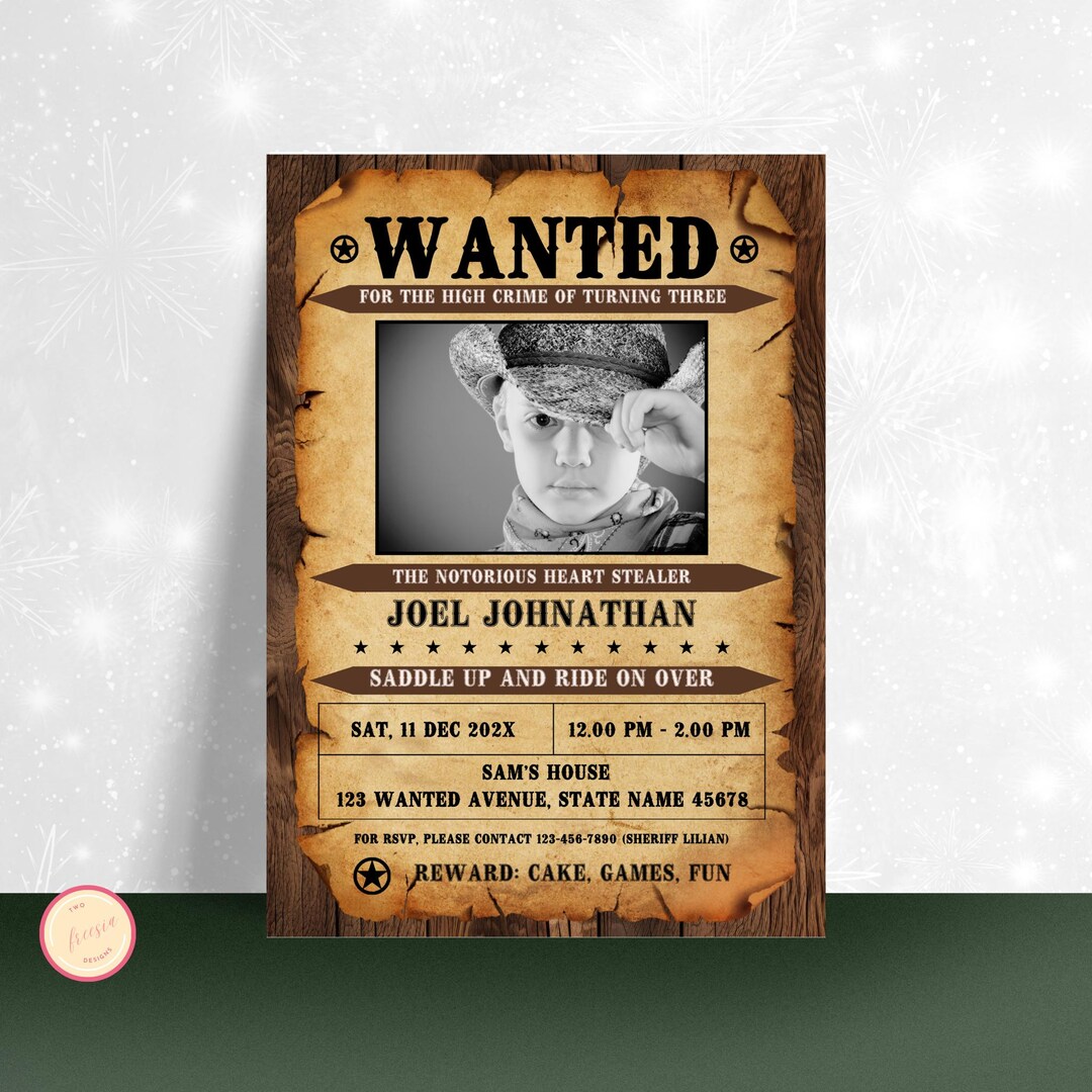 Editable Wanted Poster Invitation Template With Photo, Cowboy Cowgirl ...