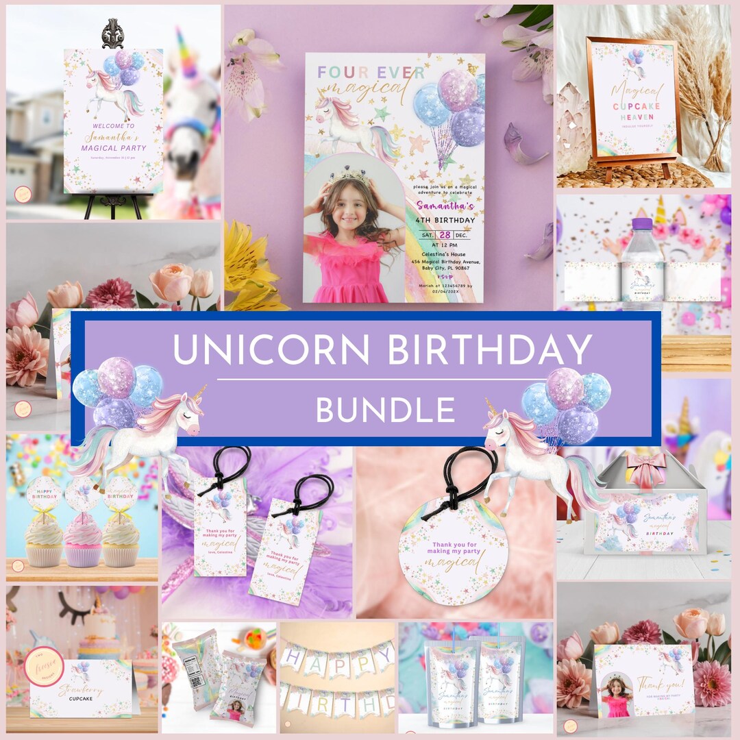 Editable Unicorn Birthday Party Bundle, Magical Pastel Rainbow Unicorn ...