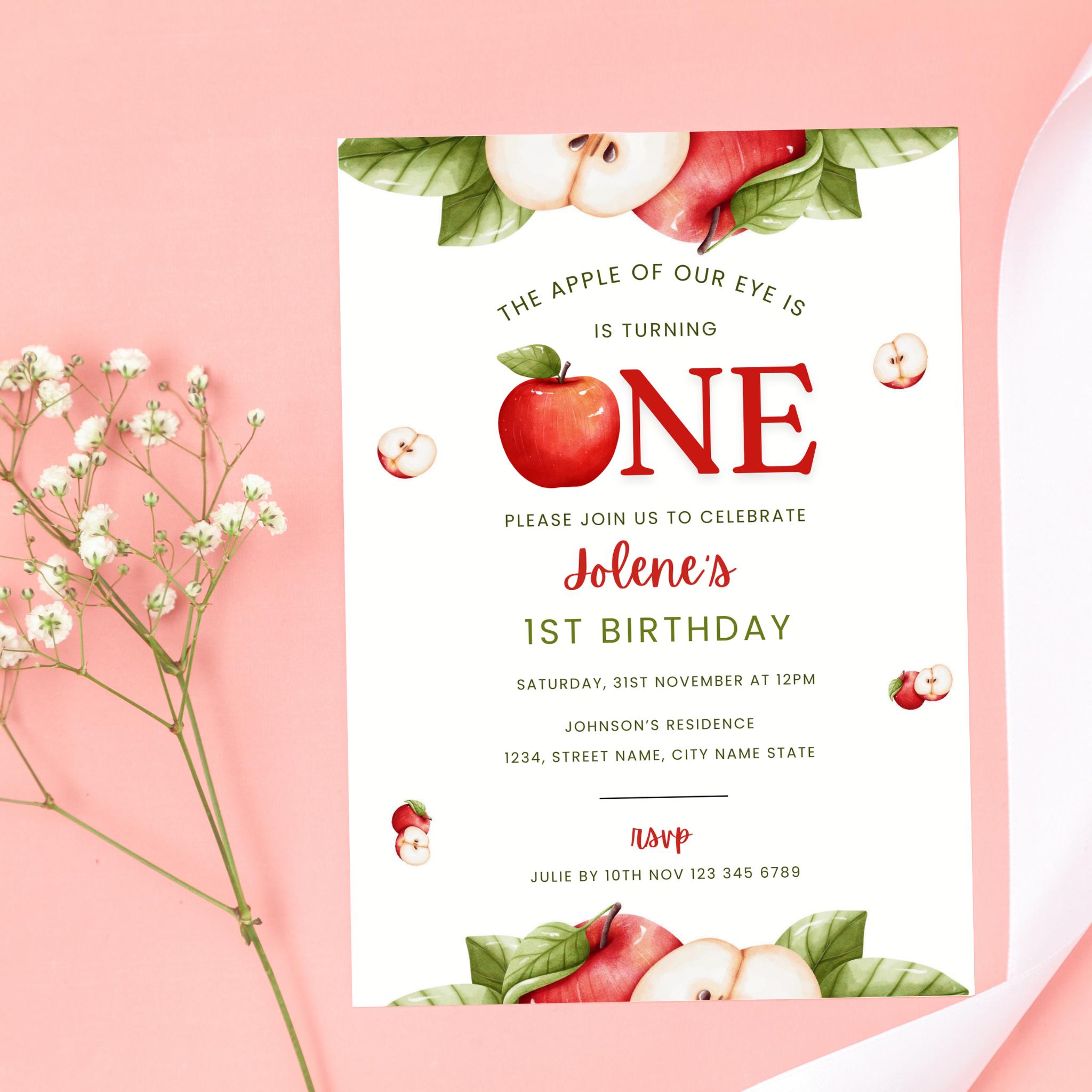 Editable Apple First Birthday Invitation Template - Printable Apple ...