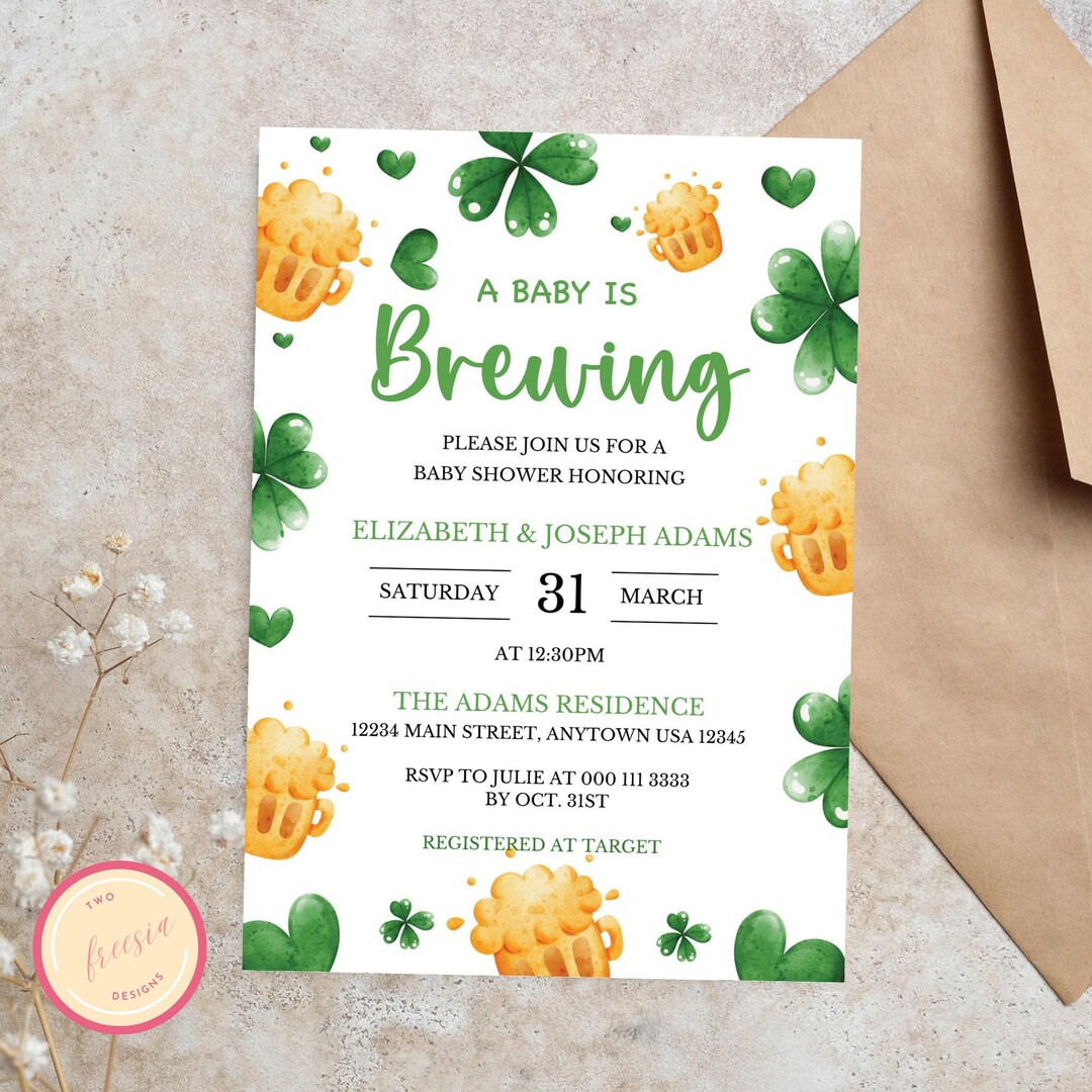 St Patrick's Day Baby Shower Invitation - A Baby is Brewing - Shamrock ...