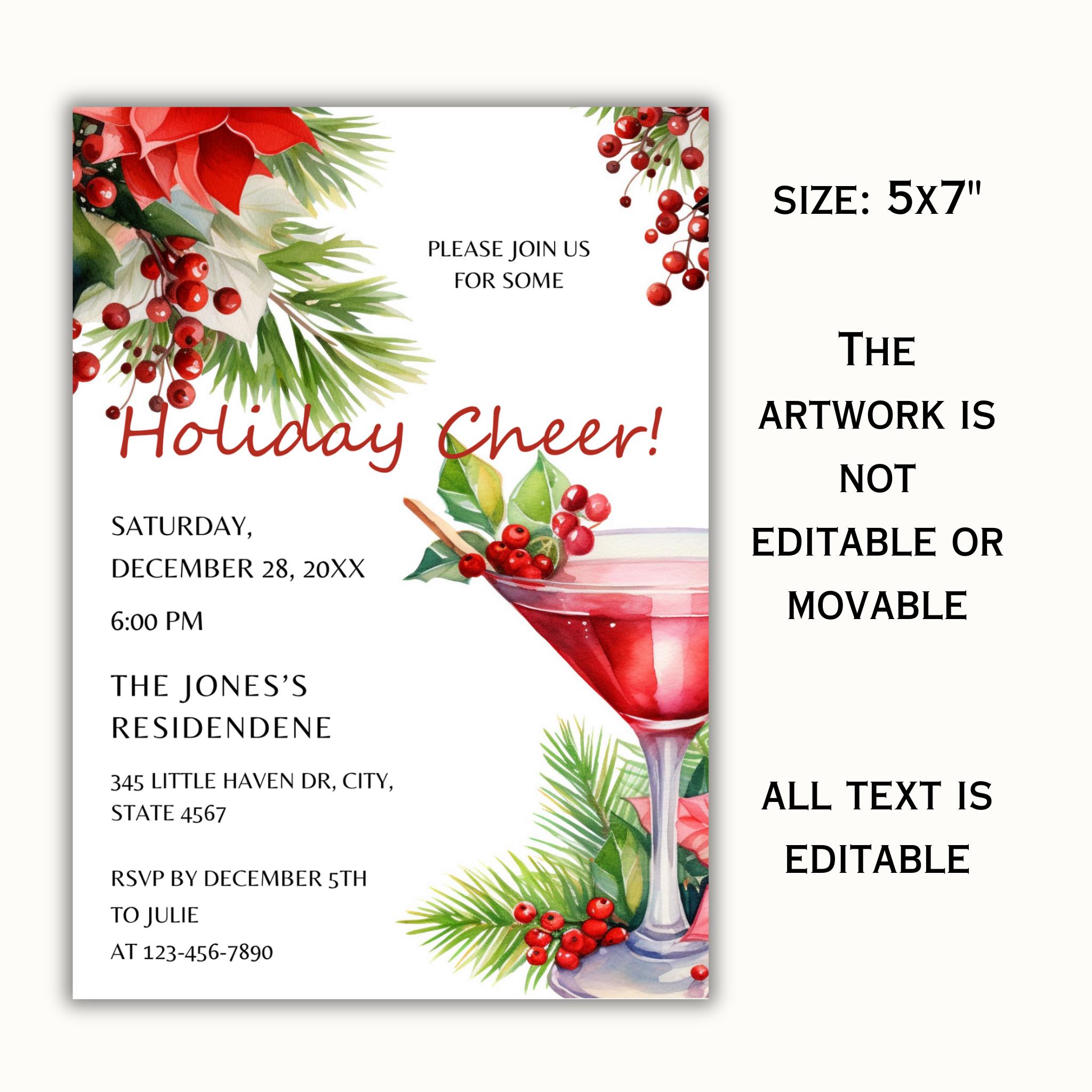 Editable Holiday Cheer Christmas Party Invitation - Christmas Cocktails ...