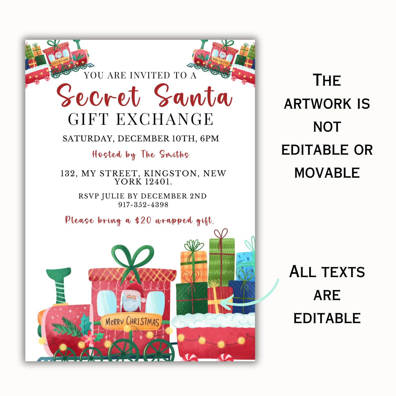 Secret Santa Gift Exchange Party Invite Template - Editable Christmas ...