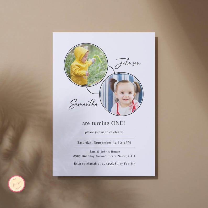 Twin First Birthday Invitation Template, Printable Minimalist Invite ...