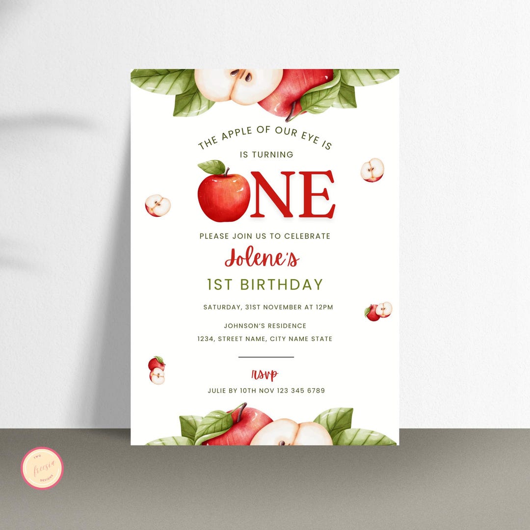 Editable Apple First Birthday Invitation Template - Printable Apple ...